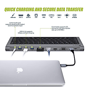 GearIT Keyboard 11-in-1 Hub Docking Station USB-C PD 100W | USB-C 3.1 | x3 USB-A 3.1 | HDMI 4K | SD and MicroSD 3.0 | VGA | RJ45 Ethernet | 3.5mm Audio
