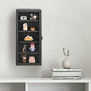 Ikee Design Wall Mounted Wooden Collectible Display Case 5 Shelf Display Storage Accessories Display with Tempered Glass Door, Black Color