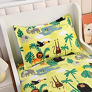 KWLOVER 2PC Soft Bed Fitted Sheet and Pillowcase Set for Single Bed, Cute Animals Printed Sheets for Kids Teen Boys Girls Twin Size Bed (Yellow, Twin)
