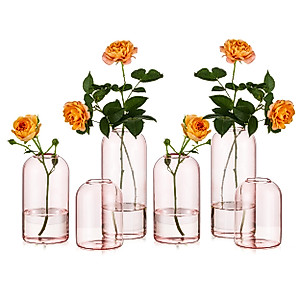 Glasseam Bud Vase Set of 6, Cute Pink Flower Vase Decor, Decorative Small Vases for Flowers, Unique Flower Vases for Centerpieces, Modern Cylinder Vases for Wedding Dining Table Decorations
