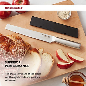 KitchenAid Gourmet Forged Triple-Rivet Serrated Bread Knife with Custom-Fit Blade Cover, 8-inch, Sharp Kitchen Knife, High-Carbon Japanese Stainless Steel Blade, Black