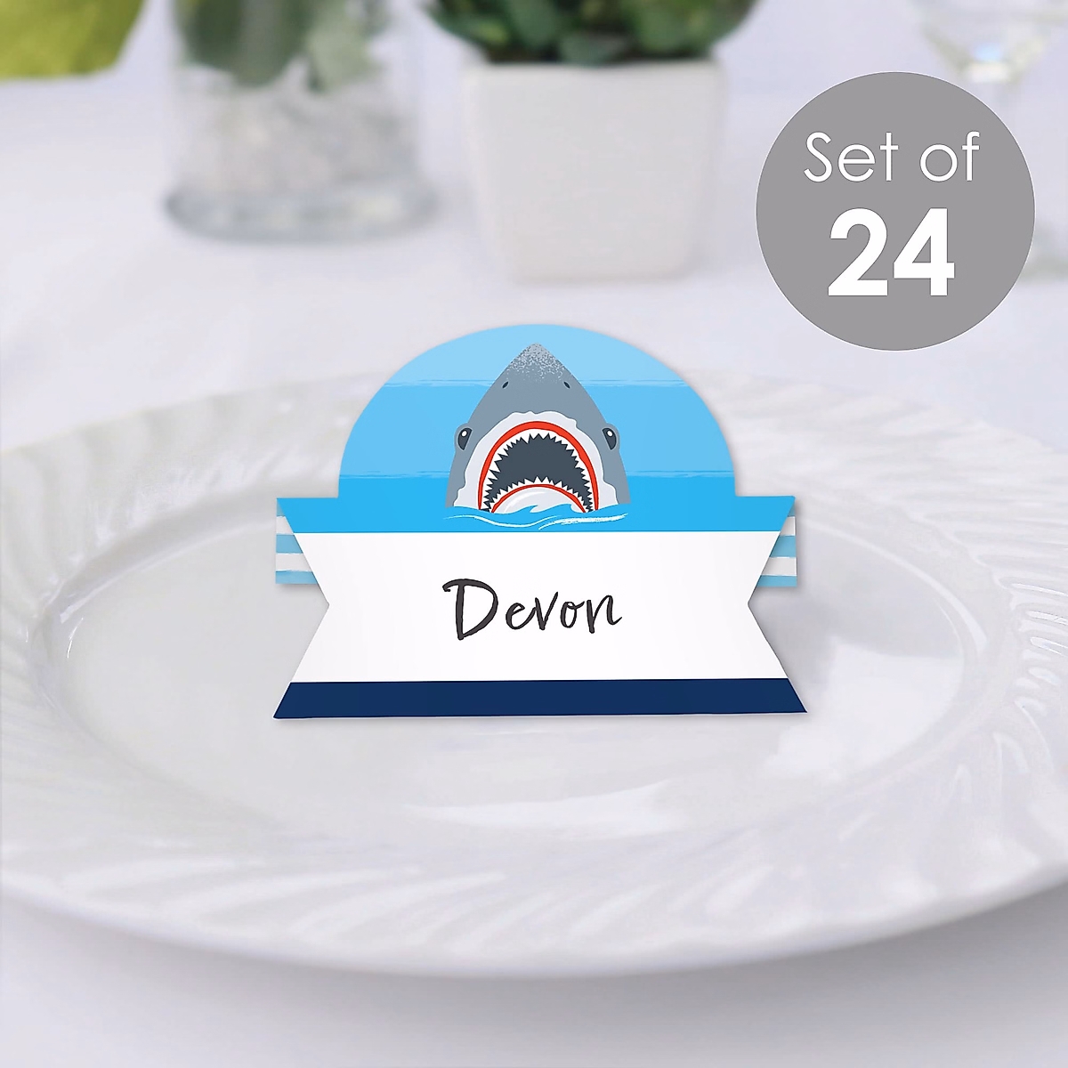 Big Dot of Happiness Shark Zone - Jawsome Shark Party or Birthday Party Tent Buffet Card - Table Setting Name Place Cards - Set of 24