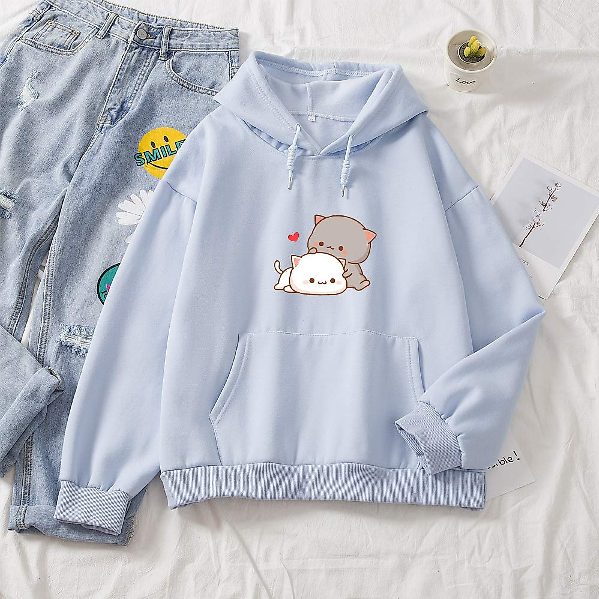 KEEVICI Women Kawaii Cartoon Cute Cat Graphic Casual Cotton Pullover Hoodies Sweatshirt Blue