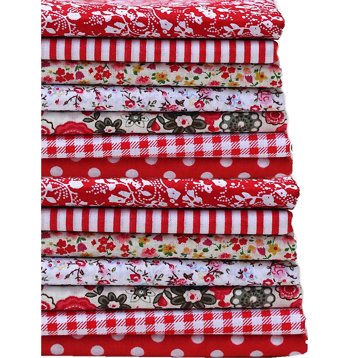 MSCFTFB 14 Pieces Assorted 7 Designs Square Fabric Bundles Sewing Square Patchwork Precut Fabric Scraps for DIY Quilting Applique Doll Dress Making (Red)
