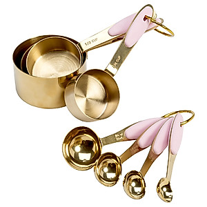 Paris Hilton Measuring Cups and Spoons Set, Stainless Steel with Pink Silicone Inset Handle, Dishwasher Safe, For Dry and Liquid Ingredients, 8-Piece Set, Gold and Pink