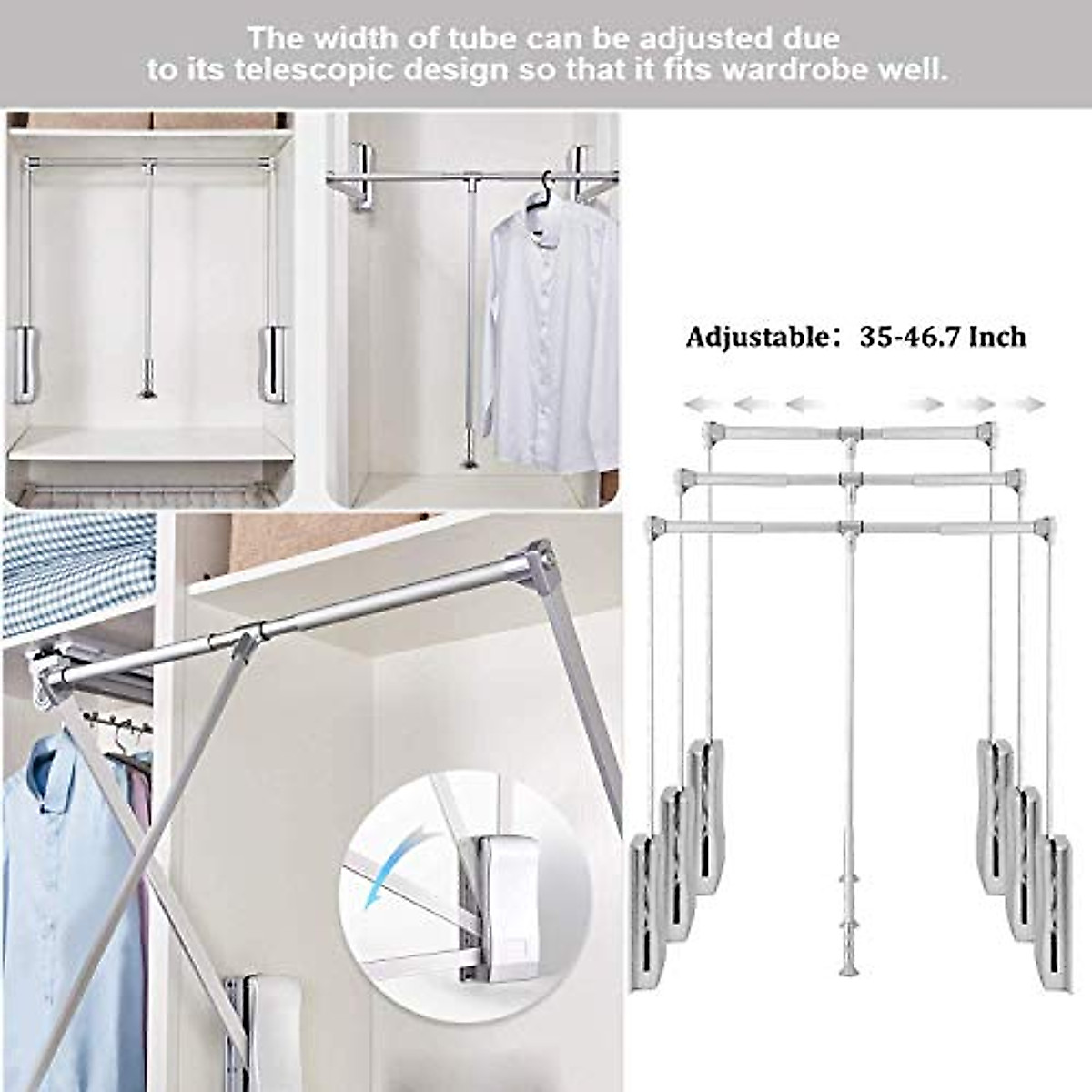 uyoyous Pull Down Closet Rod Aluminum Adjustable 35-46.7 Inch Heavy Duty Closet Pull Down Rods Hanger for Hanging Clothes Wardrobe Lift Rail Organizer Storage System Side Mounted Expanding Tubing