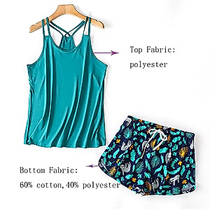 CHUNG Women Camisole Top Shorts Bottom Pajamas Set Loungewear Sleepwear Tank Cross Back,GreenSloth,XL