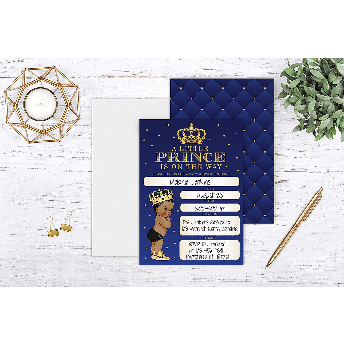 Little Prince Baby Shower Invitation, African American Boy Baby, 20 Invitations with envelopes
