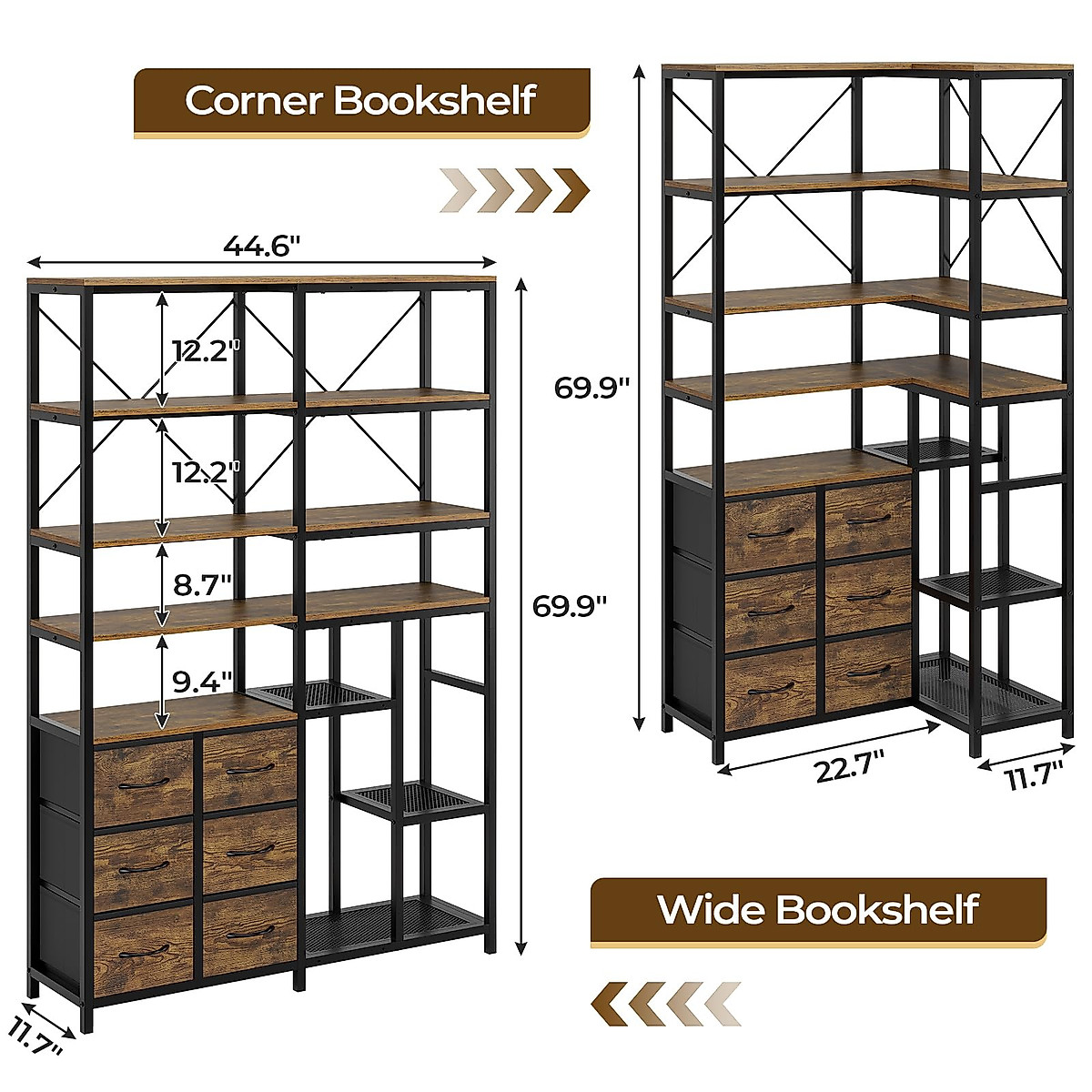 BTHFST Corner Bookshelf with 6 Fabric Drawers, Convertible Tall Bookcase 7 Tier, Industrial Book Shelf with Metal Frame, Wide Bookshelves for Living Room Home Office, Rustic Brown & Black