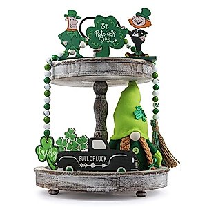 LYIBLE 4Pcs St. Patrick's Day Tiered Tray Decor Set with Gnomes Plush Doll St.Patrick Day Luck Wood Sign Shamrock Wooden Bead Garland for St.Patrick Irish Party Home Table Decor (Tray Not Included)