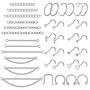 LOREMOW 38Pcs 316L Stainless Steel Nose Chain for Women Men Heart Nose Ring Chain Double Nose Chain Piercing Across Nose CZ Nose Piercing Stud Nostril Jewelry Silver S