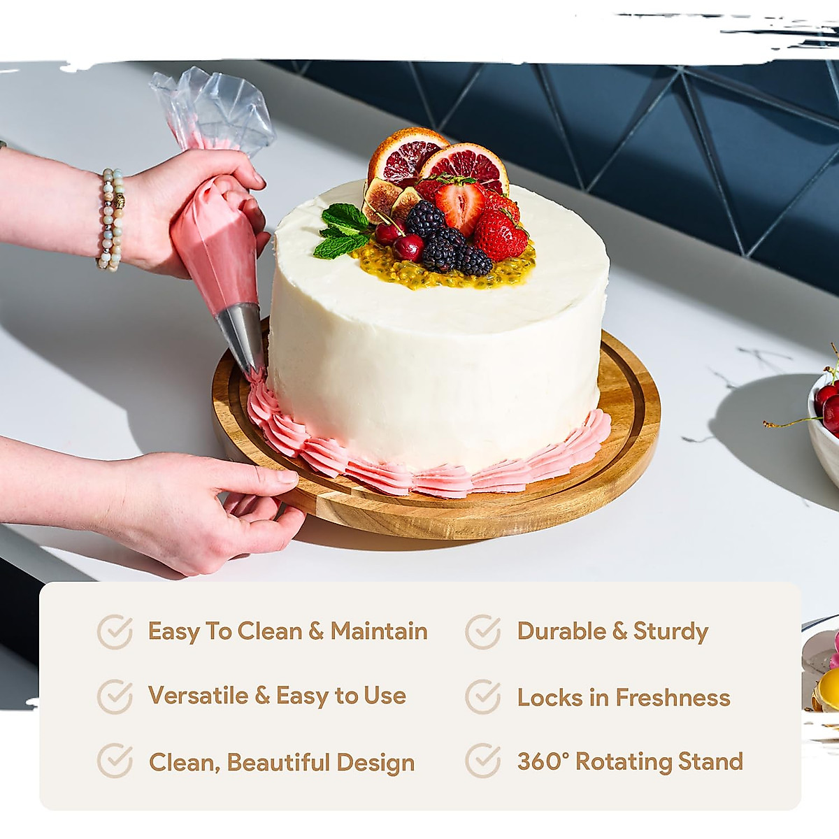 Homesphere Rotating Cake Stand with Lid - 12 Inch Round Cake Holder with Cover, 4” Tall, Acacia Wood Spinning Cake Turntable for Decorating, Display and Serving Platter, Acrylic Cake Dome, No Glass