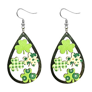 CSIYANJRY99 St Patrick's Day Shamrock Earrings Wooden Irish Teardrop Dangle Four Clover Leaf Wood Hat Horseshoe Love Drop Earrings for Women Jewelry (3)