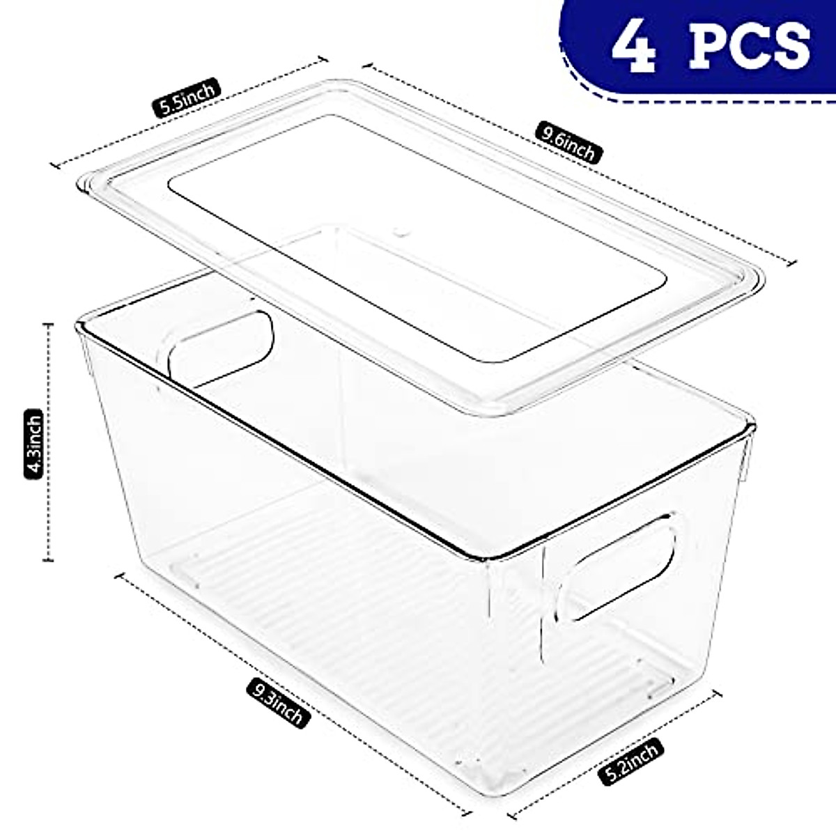 HANSGO Refrigerator Organizer Bins with Lid, 4PCS Stackable Organizer Basket Bins with Handles Clear Plastic Pantry Organizer and Storage Bins for Fridge Kitchen Bedroom Office