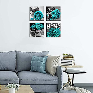 Byllyaz Teal Rose Wall Art Canvas Blue 4 Pieces for Living Room Decor Contemporary Turquoise Blossom Flowers Prints Pictures Artwork Kitchen Office Wall Decor Ready to Hang 16x16