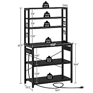 Rolanstar Baker's Rack with 4AC Power Outlet, 65.7inch Microwave Oven Stand with 10 Hooks, Stable Coffee Bar Table, 6-Tier Kitchen Storage Shelf Rack, Kitchen Utility Rack with Hutch, Black
