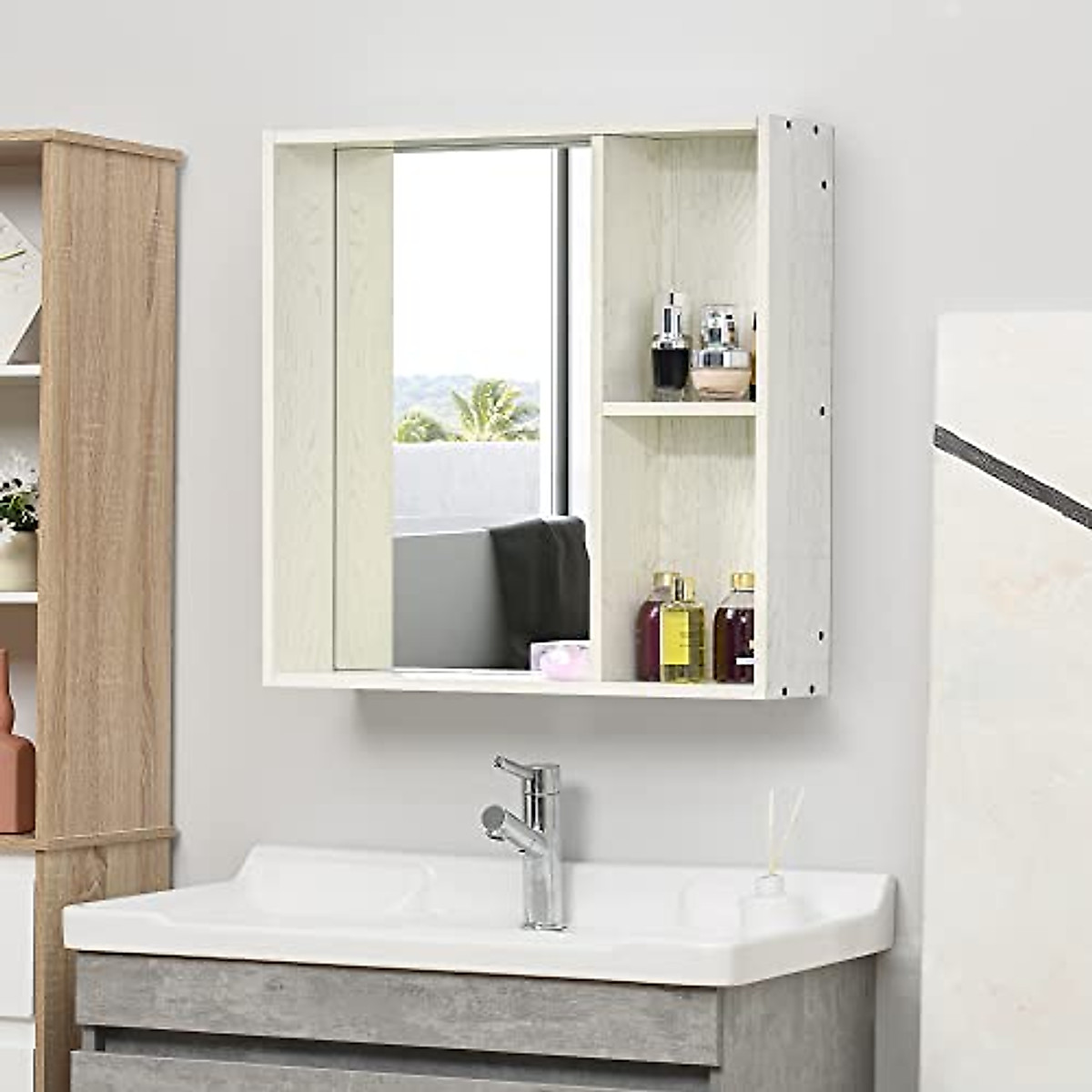 kleankin 31.5" x 25.5" Bathroom Medicine Cabinet with Mirror, 2-Tier Storage Shelf, Over Toilet Bathroom Cabinet Wall Mounted, White