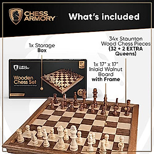Chess Armory Chess Set 17" x 17" Wooden Chess Set - Large Chess Board Set, Unique Chess Game Includes Extra Queen Pieces & Storage Box - Classic Board Game - Chess Sets for Adults and Kids