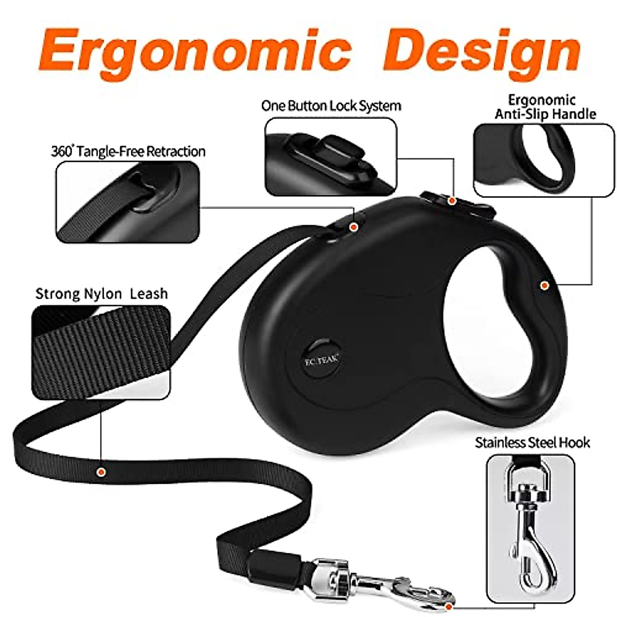EC.TEAK Retractable Dog Leash, 16 FT Dog Walking Leash for Small/Medium Dog or Cat up to 50 lbs, Tangle Free, One-Hand Brake