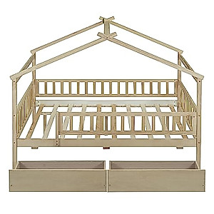 Polibi Full Size Wooden House Bed with Two Drawers,House-Shaped Platform Floor Bed Frame with Safety Guardrails for Toddlers Girls Boys Teens,Natural