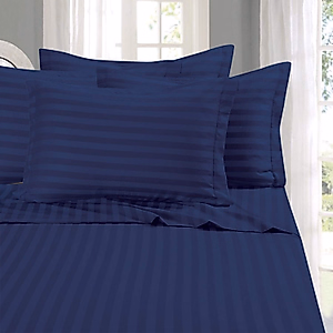 Elegant Comfort Best, Softest, Coziest 6-Piece Sheet Sets! - 1500 Premier Hotel Quality Luxurious Wrinkle Resistant 6-Piece DAMASK STRIPE Bed Sheet Set, Queen Navy Blue