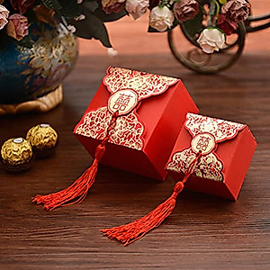 KESYOO 20pcs Wedding Party Favor Boxes Chinese Style Xi Candy Chocolate Gift Boxes with Tassels for Wedding Baby Shower Birthday Party (Red) L