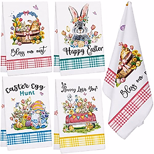 4 Pack Easter Kitchen Towels Easter Hand Towels Decorative Bunny Eggs Rabbit Towels Easter Dish Towels for Cooking Baking Drying Washing Dishes