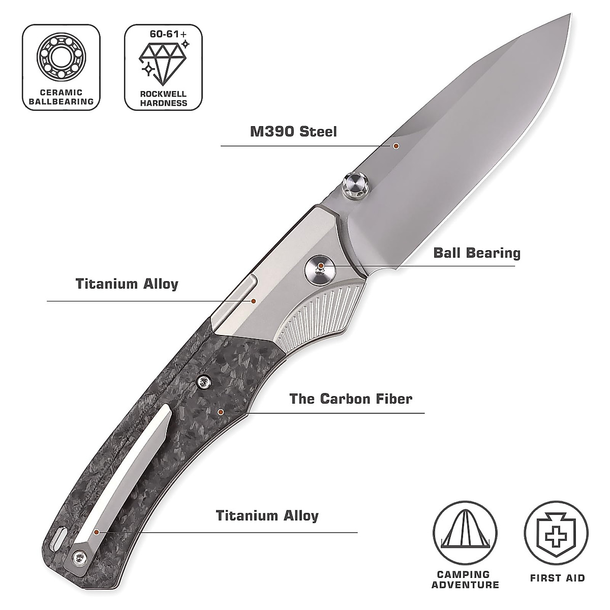REMETTE WD107 Series Titanium Pocket Knife, EDC Button Lock Knife, Pearlescent M390 Blade, Men Women Daily Carry Lightweight Folding Knife, Sharp Fishing Camping Knives