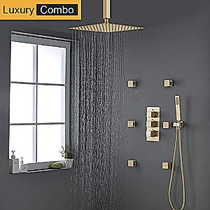 Brushed Gold Rain Shower System - 16 inch Ceiling Square Rainfall head with Handheld Spray and Full Body Massage Multi Jets Thermostatic Brass Valve Kit, Faucets Sets Complete Combo