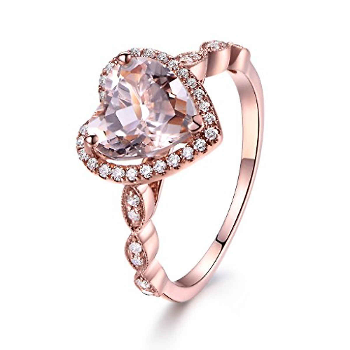 8mm Heart Shaped Cut Pink Morganite 14k Rose Gold Diamond Halo Marquise Engagement Ring Wedding Band