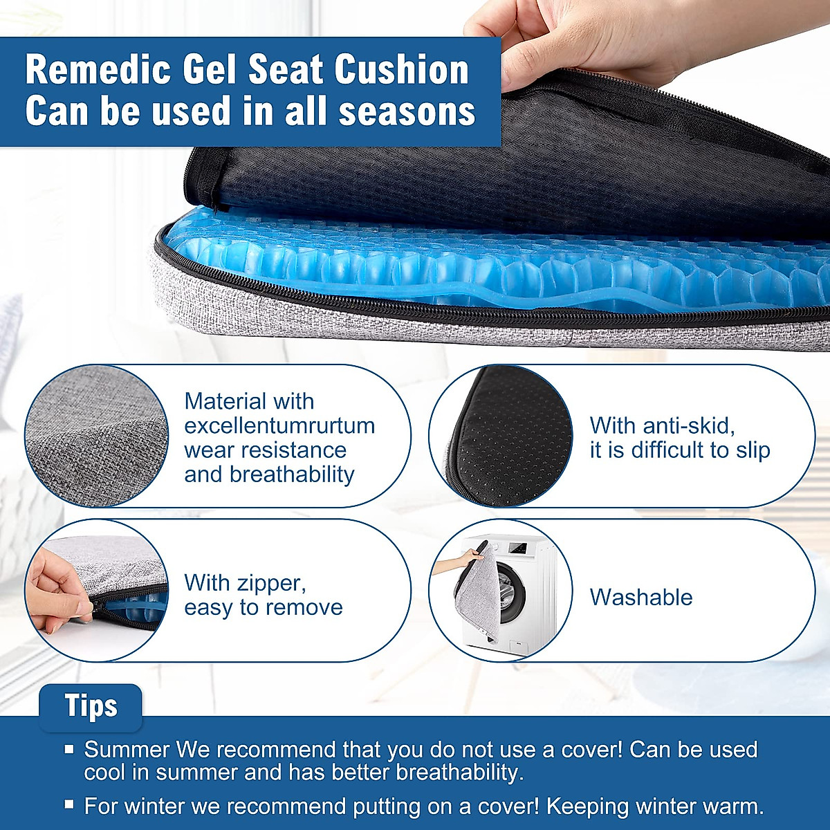 remedic Gel Seat Cushion - Double Thick Incontinence Non-Slip Pad Chair Cushion Breathable Honeycomb Pressure Wheel Design Moisture Proof Machine Washable Fabric Cover Grey