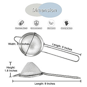 E-far Fine Mesh Strainer Set of 2, 3.3 Inches Stainless Steel Tea Strainer with Long Handle, Small Conical Mesh Strainers Sieve for Cocktail Coffee Food, Rust Proof & Easy to Clean (Silver)