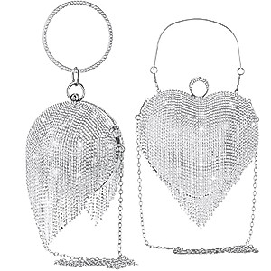 2 Pieces Women Rhinestone Evening Clutch Purses Luxury Crystal Heart Shape Round Ball Crossbody Shoulder Bag with Tassel, Glitter Bling Lady Handbag for Wedding Cocktail Prom Party (Silver)