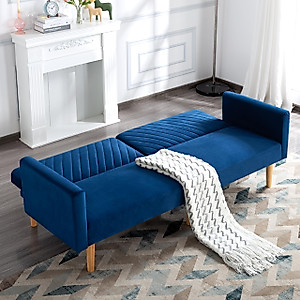 PVWIIK Convertible Folding Futon Sofa Bed, Velvet Fabric Upholstered Loveseat with Adjustable Backrests, Sleeper Couch Recliner Lounge for Small Space Apartment Office Living Room, Navy Blue