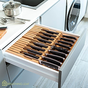 Drawer Knife Organizer - Bamboo Knife Block Insert - Holds 16 Knives + 1 Knife Sharpener (Knives Not Included) - Reliably Store, Secure & Organize Your Kitchen Knives In Cabinet - Free Up Counterspace