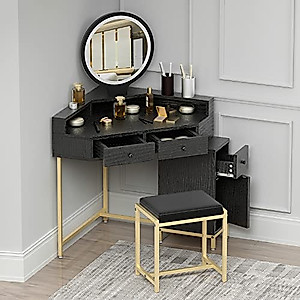 Visiblesser Corner Vanity Desk with Mirror and Lights, Black Vanity Table with Drawers, Dressing Table with 3 Dimming Lights, Corner Makeup Vanity with Stool