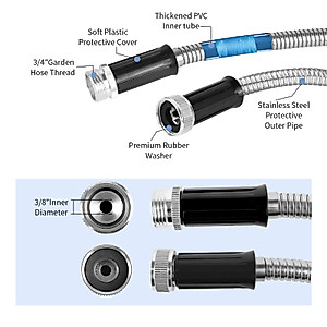 CUHBIV Metal Garden Hose 50FT,Stainless Steel Metal Hose with 10 Function Nozzle, Heavy Duty Collapsible Water Hose with Hose Holder,Kink Free & Tangle Free Flexible Garden Hoses for Outdoor