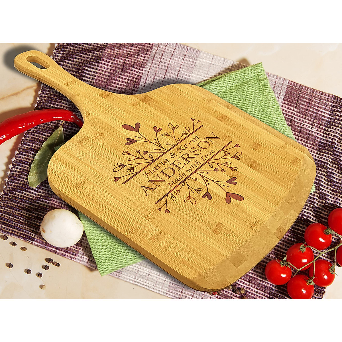 Personalized Bamboo Pizza Board with Handle Customized Wood Serving Cutting Pizza Board with Engraved Custom Name Monogram – Wedding, Anniversary, Housewarming, Birthday, Mom, Dad Gift