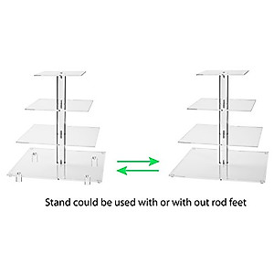 Jusalpha® Large 4 Tier Square Acrylic Cupcake Tower Stand for Dessert, Pastry, Serving Platter-Candy Bar Party Décor and Supply(with Rod Feet) (4SF-V2)