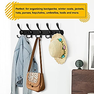 TBMax Coat Rack Wall Mounted - 2 Pack Sturdy Metal Coat Hook Rail with 5 Tri Hooks for Coat Hat Towel Purse Robes Mudroom Bathroom Entryway -Black