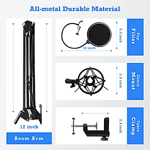Lamoe USB Podcast Studio Condenser Mic, Recording Condenser Microphone kit with Boom Arm Sound Card 192KHZ/24Bit, Plug & Play Instrument Microphones for PC Karaoke YouTube Streaming Gaming-U188