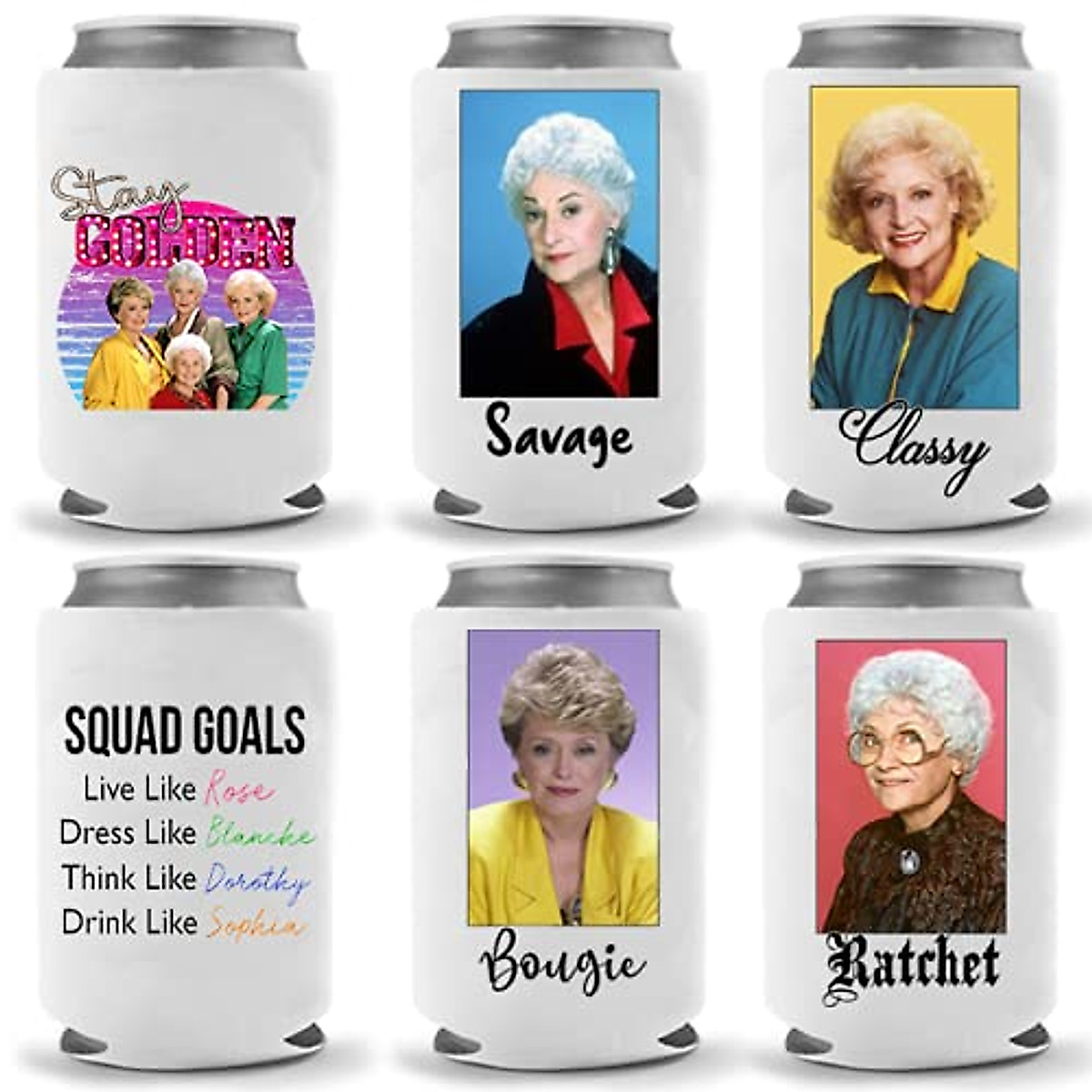 Golden Girls Beer Coolies | Blance Dorothy Rose Sophia | Funny Gag Party Gift Beer | Funny Joke Drink Can Cooler | Beer Beverage Holder | Beer Gifts | Quality Neoprene Insulated Coolie (Squad Goals)