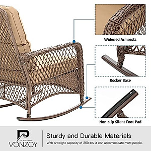 VONZOY Outdoor Rocking Chair, Wicker Patio Furniture with Thickened Cushions for Porch (Khaki)