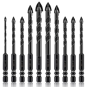 10 Pieces Masonry Drill Bit Set 1/4" Hex Shank Concrete Drill Bits Set for Glass, Tile, Brick, Pots, Plastic and Wood, Carbide Tip Works with Ceramic, Marble, Granite(Black)