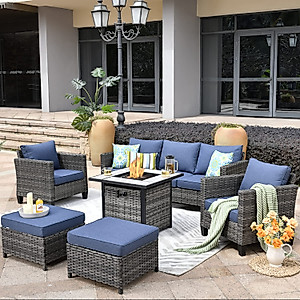 ovios Patio Furniture Set, 6 Pieces Outdoor Conversation Set with 30 Inch Gas Fire Pit Table Modern Wicker Rattan Sofa Set with Comfortable Cushion, Ottomans, Denim Blue