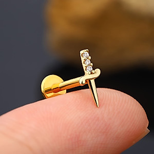 Jewseen 14K Gold Top Push in Threadless Sword Flat Back Stud Cartilage Earring Nose Stud Threadless Earring Helix Piercing Jewelry Tragus Earrings Lip Ring for Women Men