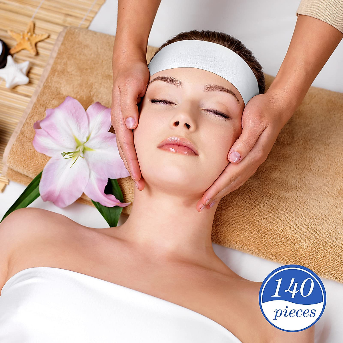 140 Pieces Disposable Spa Facial Headbands with Convenient Closure, White Stretch Facial Headwraps Soft Skin Care Hair Band for Women Girls Salons