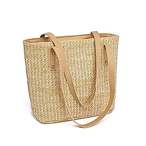 Straw Beach Tote Bags for Summer, Large Beach Bags for Women, Handmade Woven Straw Bag with Leather Handles & Zipper Closure for Vacation, Holiday, Seaside (Khaki)