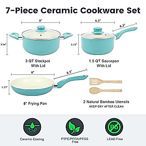 Pots and Pans Set Ultra Nonstick, Pre-assembled 7 Piece Ceramic Cookware Sets, Non Toxic Pots and Pans, Stay Cool Handle & Bamboo Kitchen Utensils, Gas/Induction Compatible, 100% PFOA Free, Turquoise
