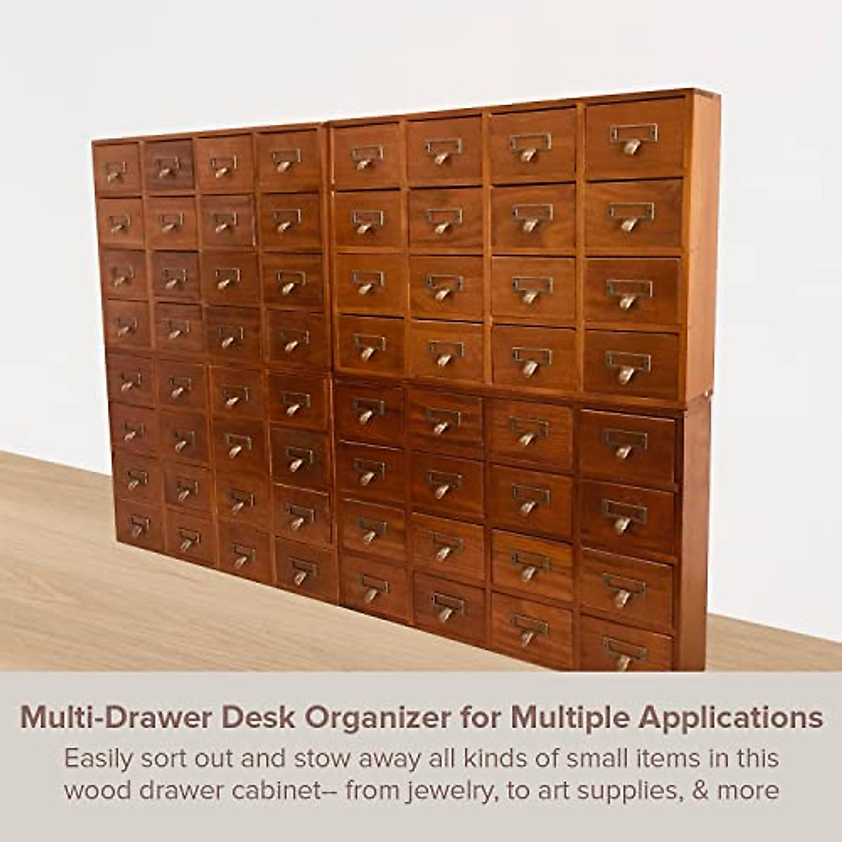 64-Drawer Wooden Storage Box (39.2”x3.9”x27.56”) Traditional Apothecary Cabinet in Walnut Wood - 64-Slot Wooden Desk Drawer Unit w/Label Holders & Handles - Multi Level Countertop Drawer Organizer